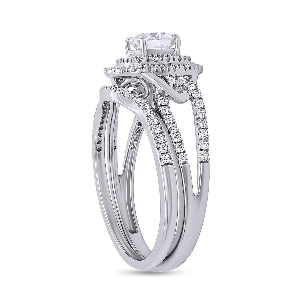 SAVEARTH DIAMONDS 1 CT Center 5MM Cushion & Round Cut Lab Created Moissanite Diamond Double Halo Split Shank Bridal Set Ring In 14K White Gold Over Sterling Silver(VVS1 Clarity)-10