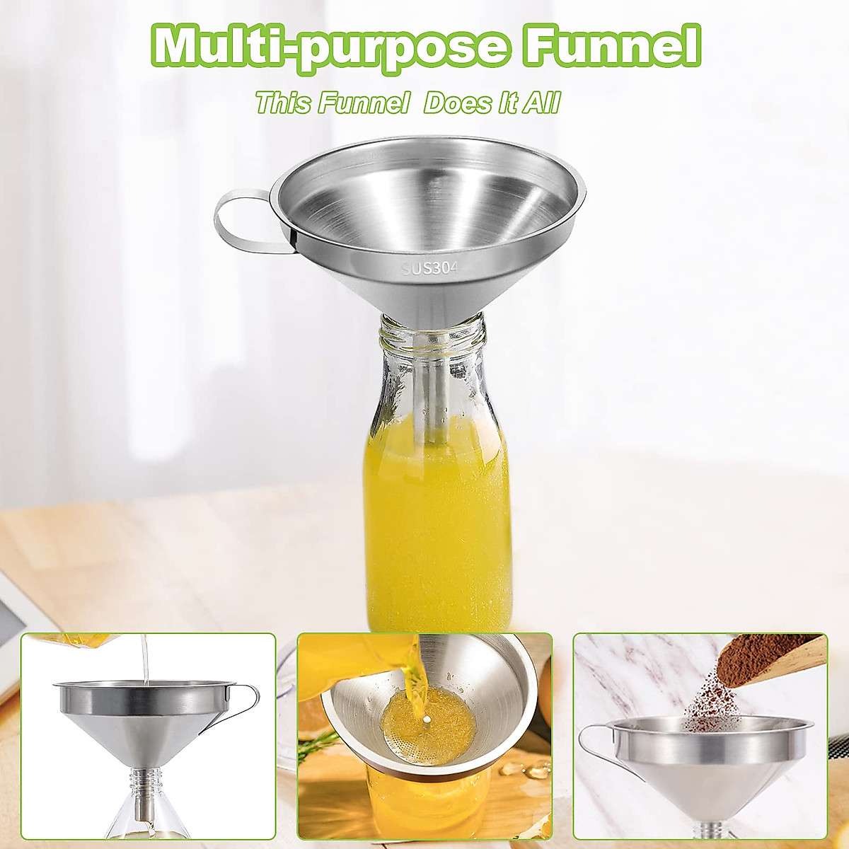 Stainless Steel Kitchen Funnel, 4.3-Inch Food Grade Metal Funnel with Strainer for Filling Bottles, Transferring Liquid, Oil, Juice, Milk