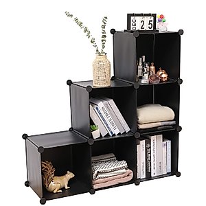 YCOCO 6 Cubes Storage Modular Cubes,DIY Plastic Closet Organizer Storage Shelves Cubes with Wooden Hammer,Stackable Bookcase for Bedroom Living Room Office,Black