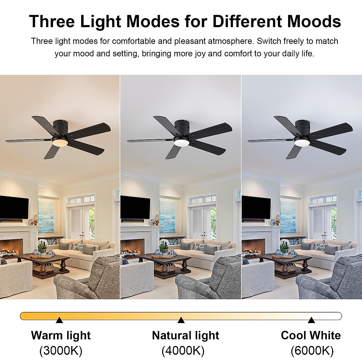Flush Mount Ceiling Fan with Lights, 52’’ Black Ceiling Fan with Light, 3 Color Temperatures, 6 Fan Speeds, Timer Remote, Silent Reversible DC Motor, for Patio, Farmhouse, Bedroom