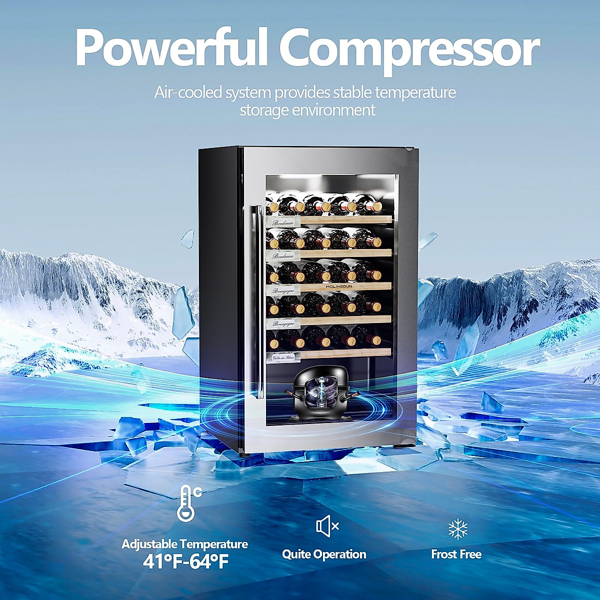 MOLINGDUN Wine Fridge, 33 Bottles Freestanding Wine Cooler, Intelligent Compressor, Frost Free, Stainless Steel Door, 41-64℉ Digital Temperature Control, for Red, White, Champagne or Sparkling Wine