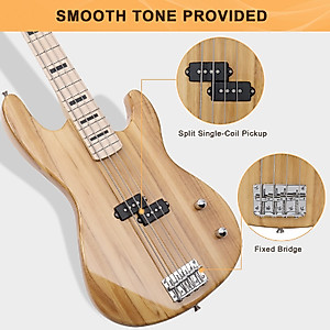 GLARRY GP Series Full Size Electric Bass Guitar 4 String Beginner Kit Canadian Maple Fingerboard with Cable, Strap, Bag and Accessories (Burly Wood)