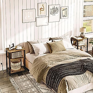 YATINEY Nightstands Set of 2, End Tables with Charging Station and Type C, Side Table with Open Storage Shelf, Bedside Table for Small Spaces, Rustic Brown and Black ET58L2BR