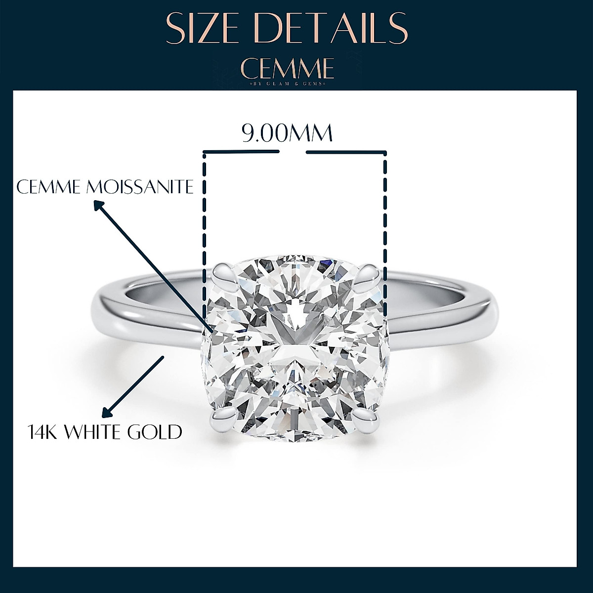 GLAM AND GEMS 3 Carat Cushion/Round/Emerald Cut Moissanite Engagement Statement Wedding Band Ring for Women in 14k White Gold (D-E, VVS1, 3 CTW) Anniversary Promise Ring Size 4.5 to 11 (Cushion, 5.5)