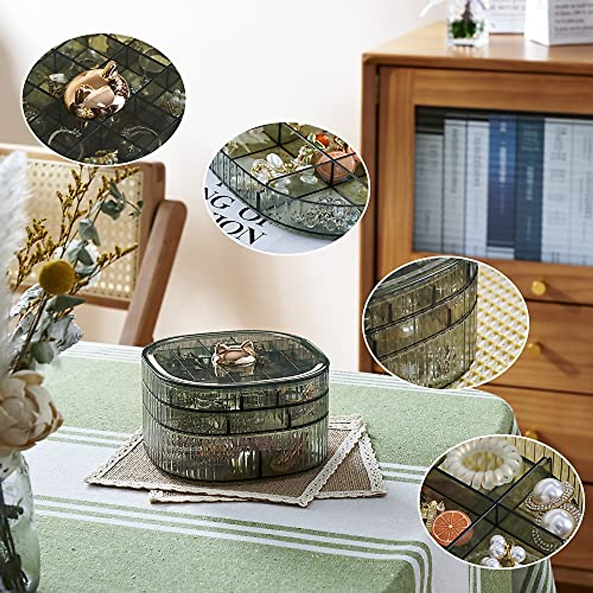 Sunkaioo Acrylic Jewelry Organizer,Stackable 3-Layers Clear Jewelry Box with Lid,Jewelry Boxes for Women Girls,Earring Organizer Display Holder for Earrings Ring Studs Bracelet Necklace Crafts(Green)