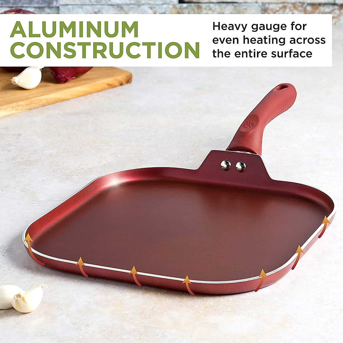 Ecolution Evolve Heavy-Gauge Aluminum with a Soft Silicone Handle, Dishwasher Safe, Non-Stick, 11-Inch Griddle, Crimson Red