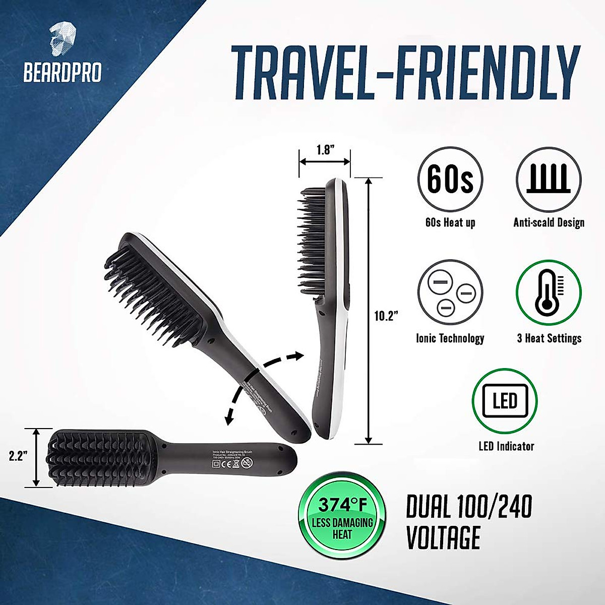 BeardPro Beard Straightening Brush - Professional Grade Anti Frizz Ionic Wet/Dry Hair Straightener with Ceramic Plate - Portable Heated Hairbrush & Styling Tool for Men