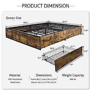 SHA CERLIN Queen Storage Bed Frame with 4 Drawers on Wheels, Platform Bed Queen Size with Under Bed Storage, No Box Spring Needed, Large Storage Space, Easy Assembly