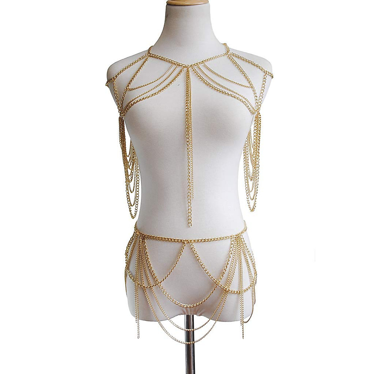 Yixin Women's metal body chain set Indian belly chain Bohemian jewelry bikini Halloween Costume Party (gold) (kh-6985)