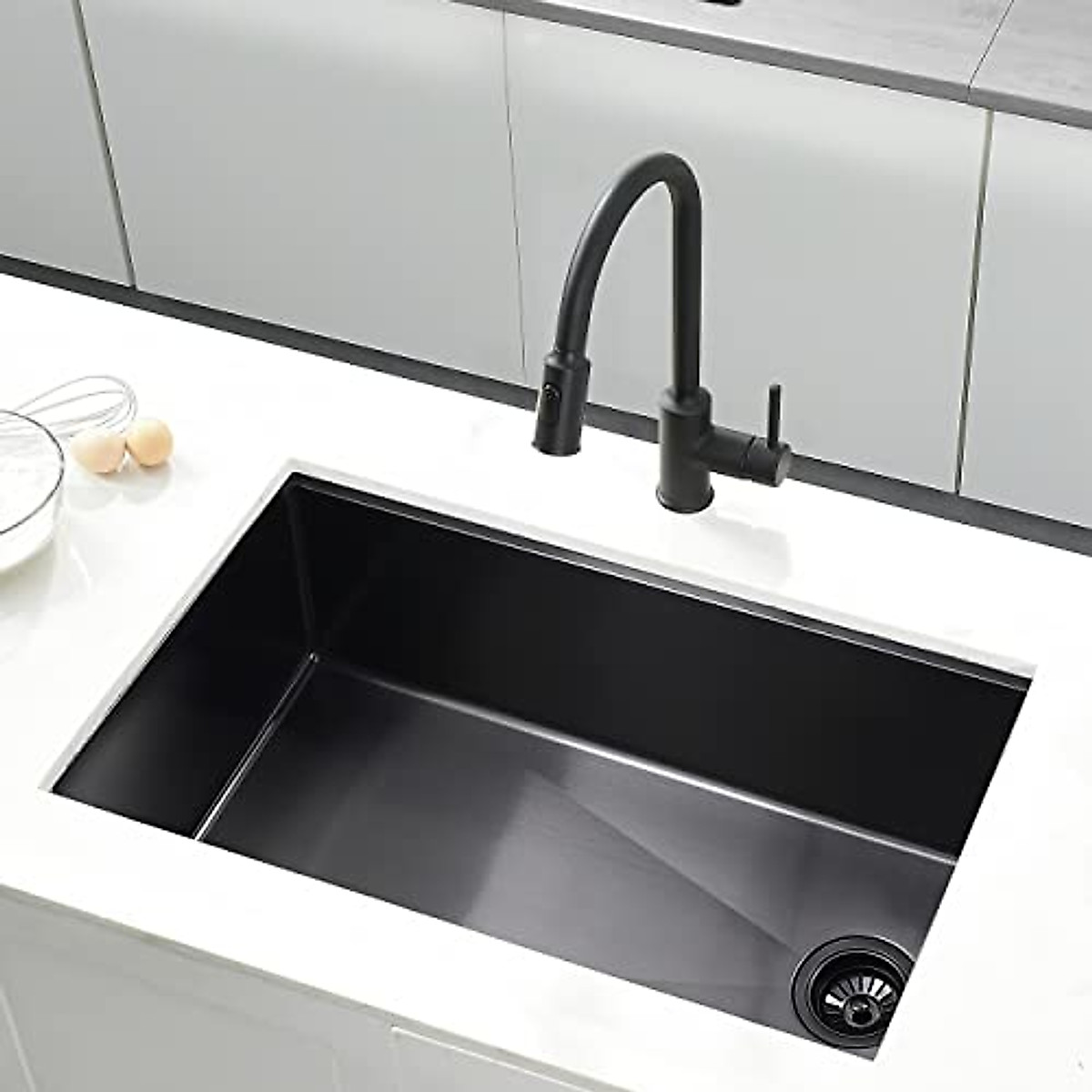 33 Black Undermount Workstation Kitchen Sink, Scamall 33 X 19 X 10 Inches 16 Gauge Nano Black Stainless Steel Single Bowl Workstation Kitchen Sink With Offset Drain SML006SBG