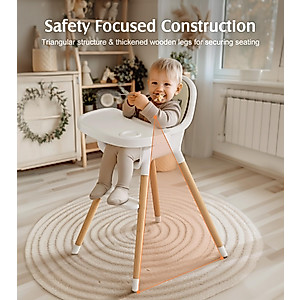 Convertible Baby High Chair, 3-in-1 Wooden Highchair/Toddler Chair with Removable Tray, Feeding & Dining Chair with 5-Point Harness, PU Cushion, Footrest for Babies & Toddlers, Beige