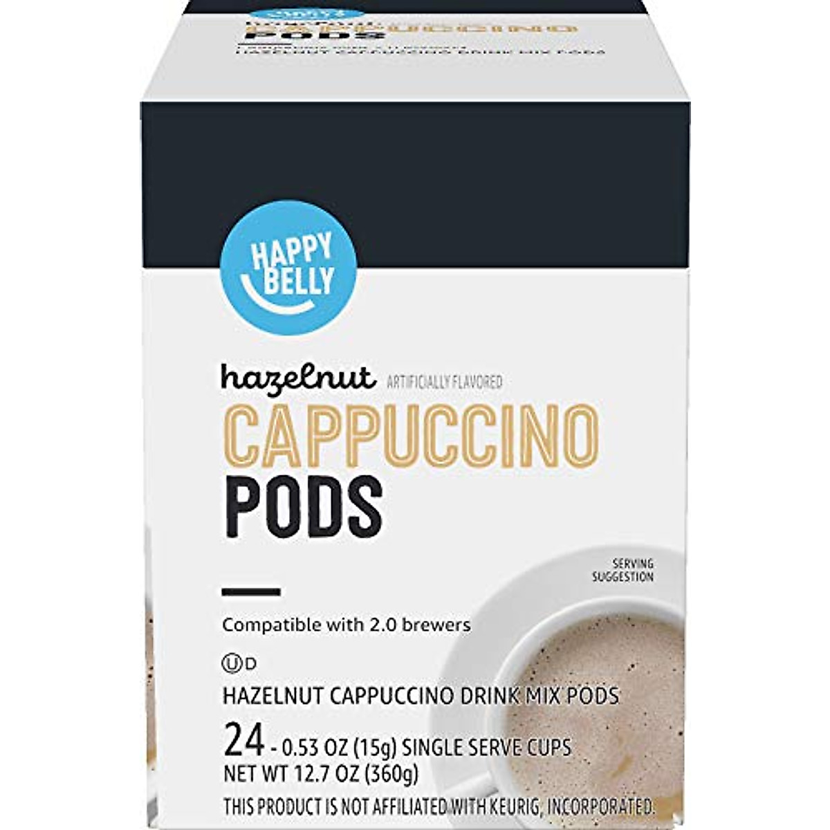 Amazon Brand - Happy Belly Light Roast Cappuccino Coffee Pods, Hazelnut Flavored, Compatible with K-Cup Brewers, 24 Count