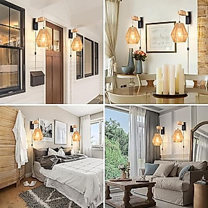 ZECOXOL Plug-in Wall Sconces Set of Two, Rattan Boho Decor Wall Lamps with Plug-in Cord, Wicker Sconces for Bedroom & Living Room