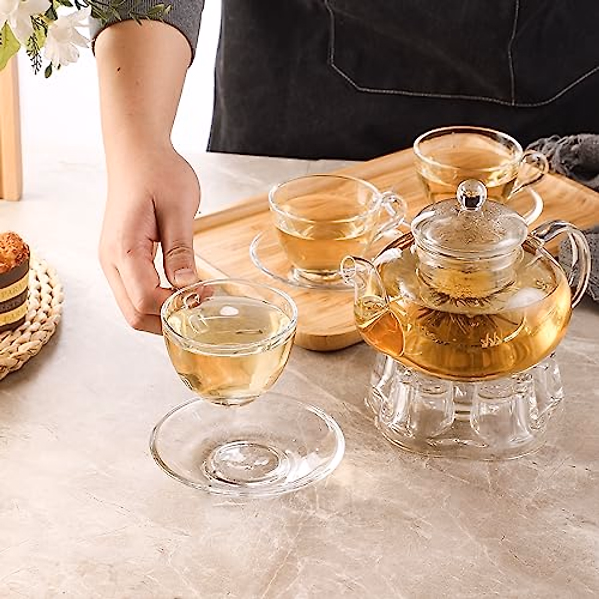 Glass Teapot Set, 40OZ/1200ml Stovetop Safe Glass Tea Kettle with Removable Infuser & Tea Warmer, Tea Cups and Saucers Set of 4, Blooming Tea & Loose Leaf Tea Maker Set for Women