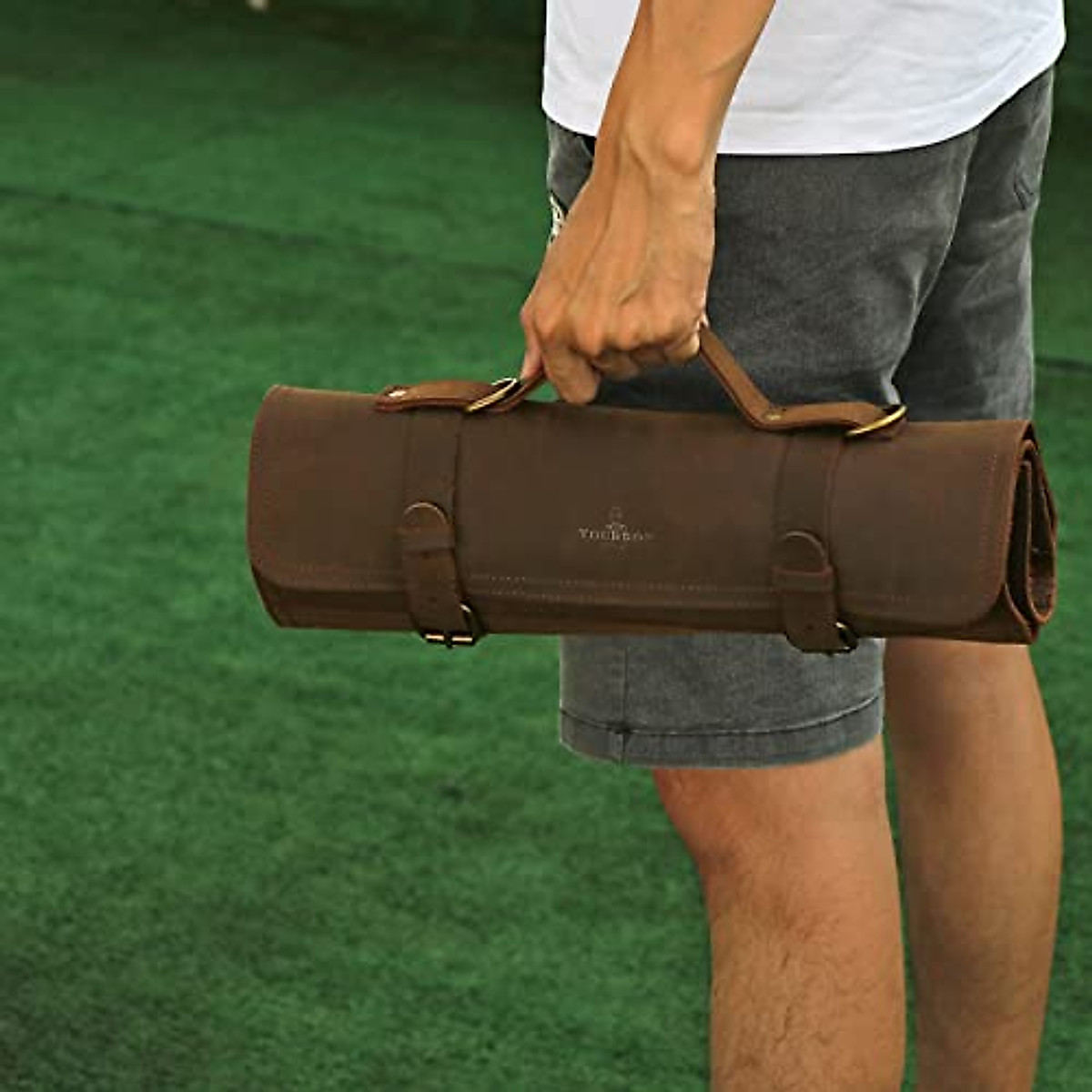 TOURBON Leather Knife Roll Bag, Kitchen Tool Holder with 5 Slot and Zipper pocket, Camping Cooking Tools Stroage Carry Case with Shoulder Strap