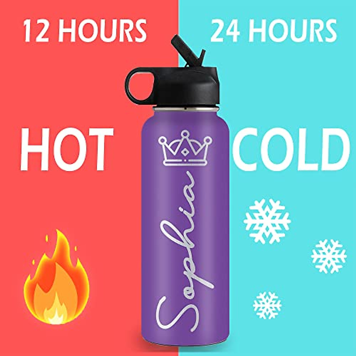 Personalized Water Bottles for Kids, 18 oz Custom Name Insulated Water Bottle With Straw, Stainless Steel Reusable Waterbottle Gifts for School Girls Boys Men Women - Icon Design