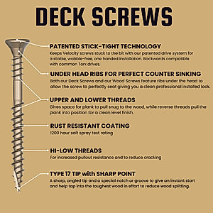 Velocity 2 1/2 Inch Deck Screws (Size #9), Self Tapping Exterior Wood Screws Tan Rust Resistant Coating, Stick-Tight Technology, Hexstix T25 Torx Bits, Contractor Pack (350 Pieces)