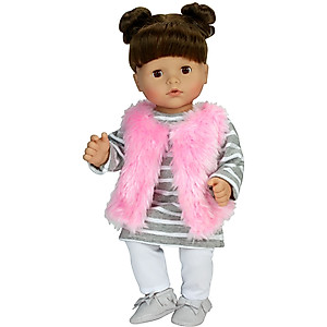 Sophia's 15 inch Baby Doll Clothes & Accessories Set with Striped T-Shirt Dress, Shaggy Vest, Solid White Leggings, & Suede Moccasin Shoes for 15" Girl Dolls, Pink/Gray