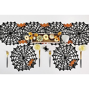 Feuille Round Halloween Placemats Set of 4 13.5 Inch Black Spider Web Placemats with Orange Glitter Felt Spider Placemats Perfect for Halloween Decorations Indoor