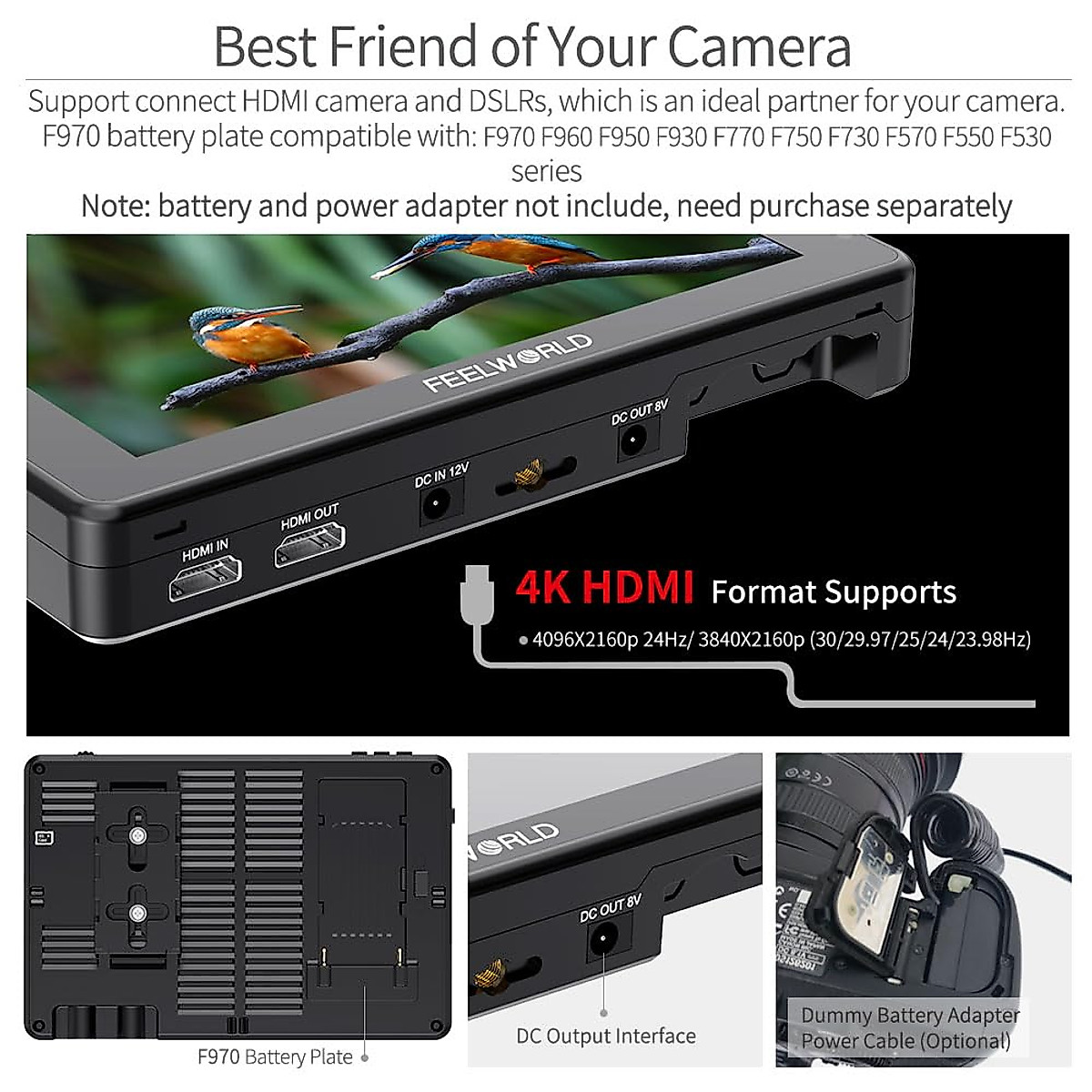 FEELWORLD LUT7 PRO 7 Inch Ultra Bright 2200nits DSLR Camera Field Monitor 3D LUT Touchscreen HDR Waveform F970 External Power and Install Kit 4K HDMI