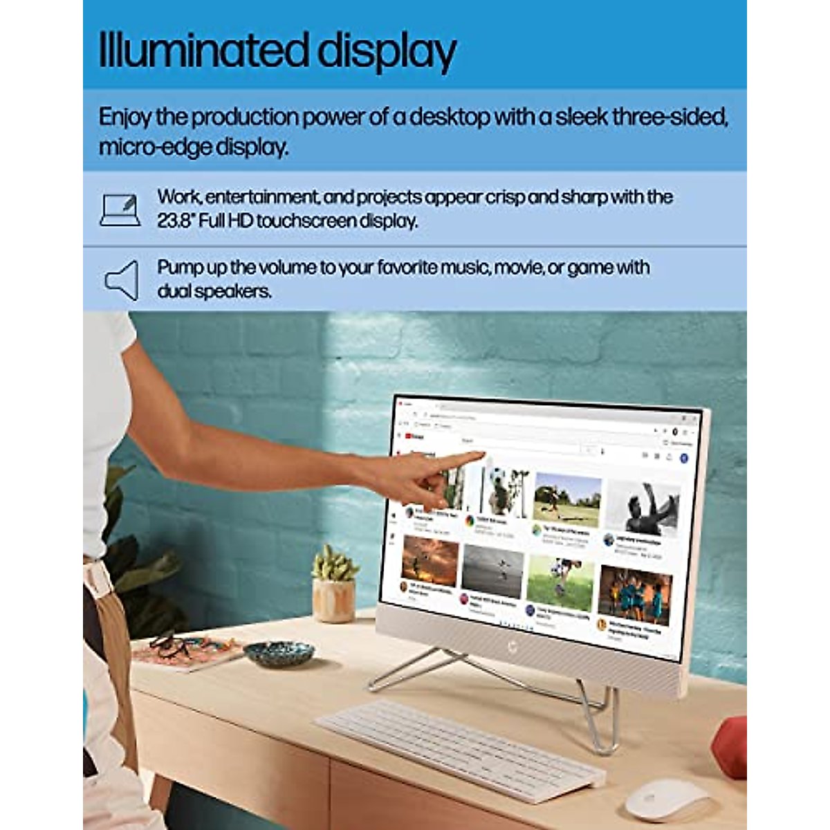 HP All-in-One Bundle PC, 23.8" FHD Micro-Edge Touchscreen Display, 12th Generation Intel Core i5 Processor, Intel Iris Xe Graphics, 8 GB RAM, 512 GB SSD, Windows 11 Home OS, Wi-Fi (24-cb1170, 2022)
