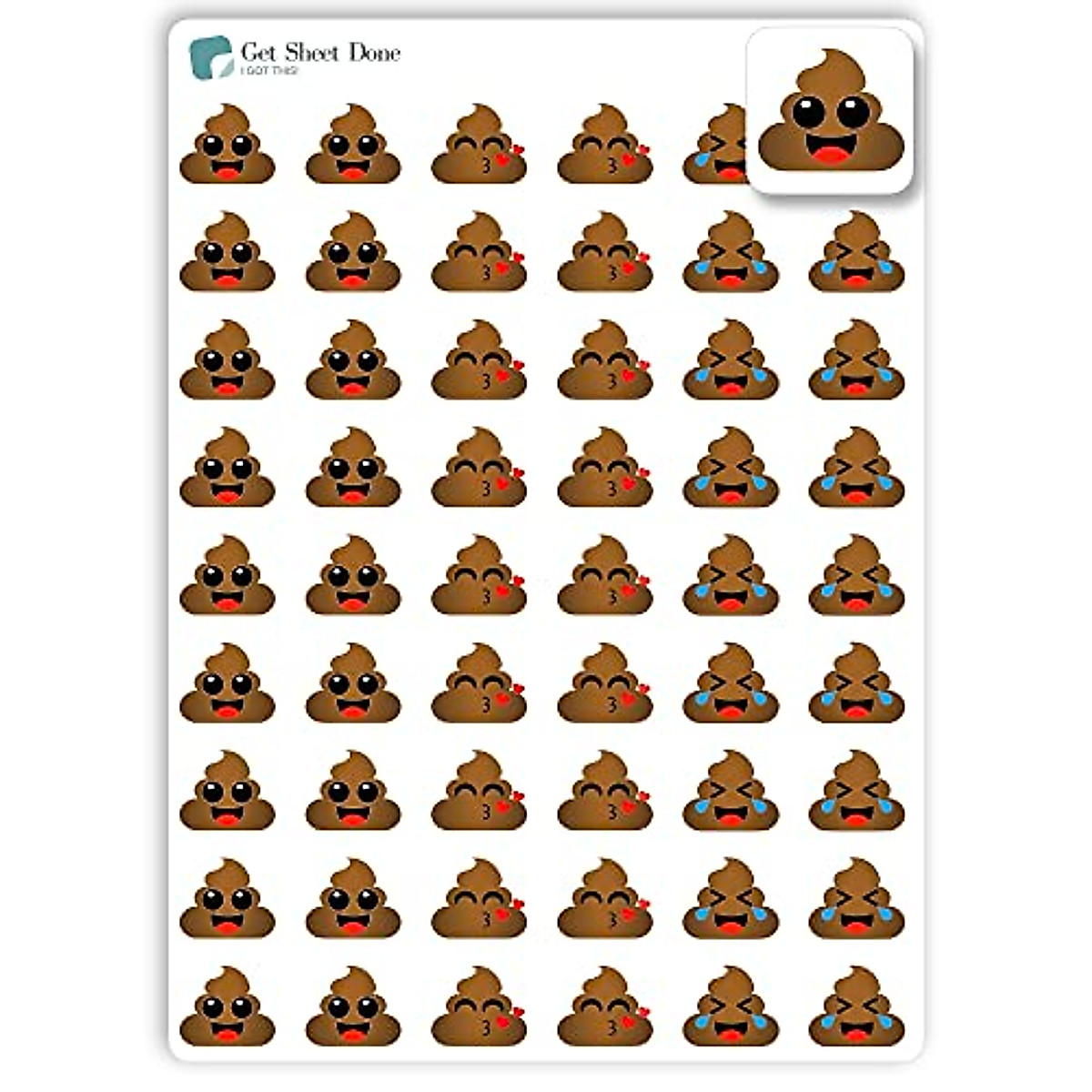 Poop Emoji Stickers / 54 Fun Vinly Stickers/Poop & Giggles/Emoticon Icon/Essential Productivity Life Planner/Bujo Bullet Journaling/Scrapbooking Planner Calendar Kawaii (Matte Vinyl, 1 Sheet)
