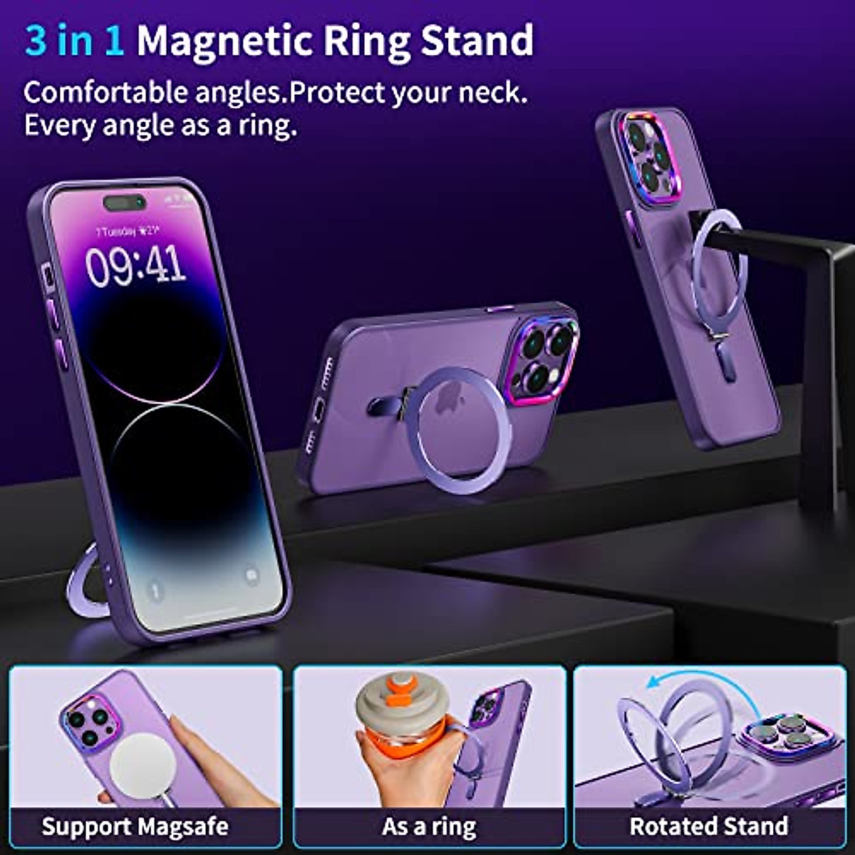 niufoey Magnetic Kickstand Case for iPhone 14 Pro Max,[Compatible with MagSafe] [Silicone Bumber & Hard Back] [Glitzy Camera Frames] Cute Slim Kickstand Cover 6.7 inch for Women Men-Purple
