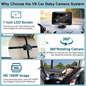 DoHonest Baby Car Camera 7-Inch: USB Plug and Play Easy Setup 360° Rotating Backseat Camera Two Kids HD 1080P Rear Facing Car Seat Camera Clear Night Vision -V9