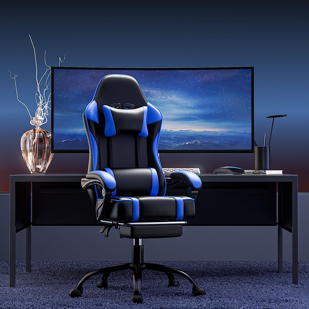 HOTOSYCH Gaming Chair, Ergonomic Video Game Chair for Adults, Comfortable Computer Chair with Footrest and Lumbar Support, Height Adjustable Gamer Chair for Office 350LBS, Blue