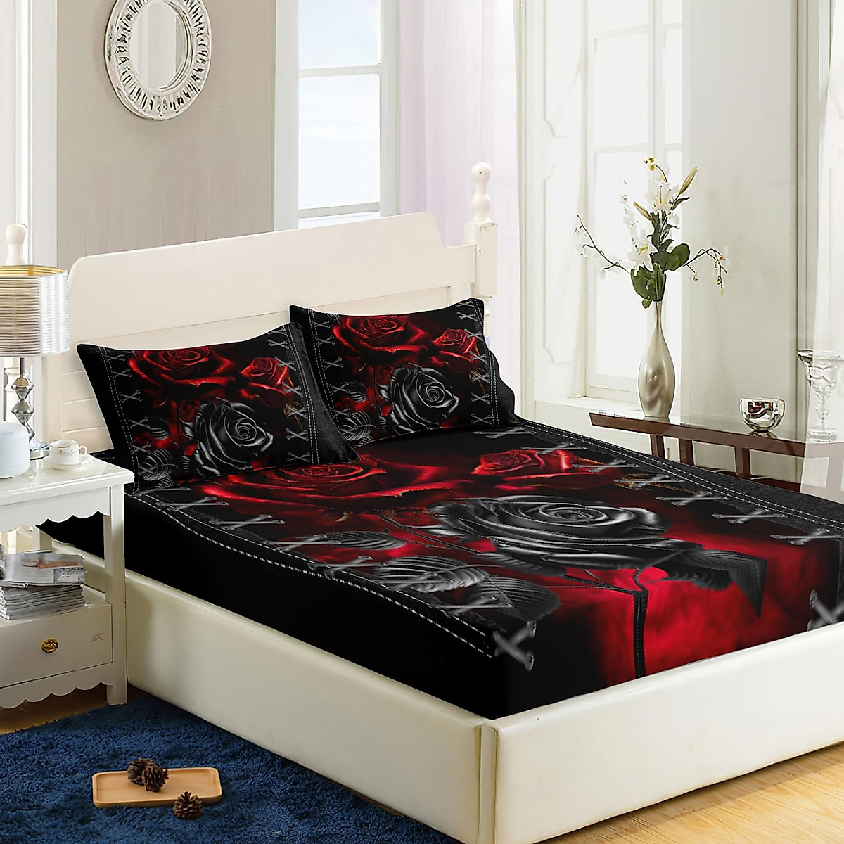 AILONEN Red Rose Fitted Sheet Full Size, 3D Red Flowers Bed Sheet Set,Romantic Floral Sheets for Girls Women Room Decor,3PCS Black Red Rose Sheet Sets,1 Fitted Sheet and 2 Pillowcases