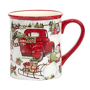 Certified International Red Truck Snowman 16 oz. Mugs, Set of 4, Multicolor