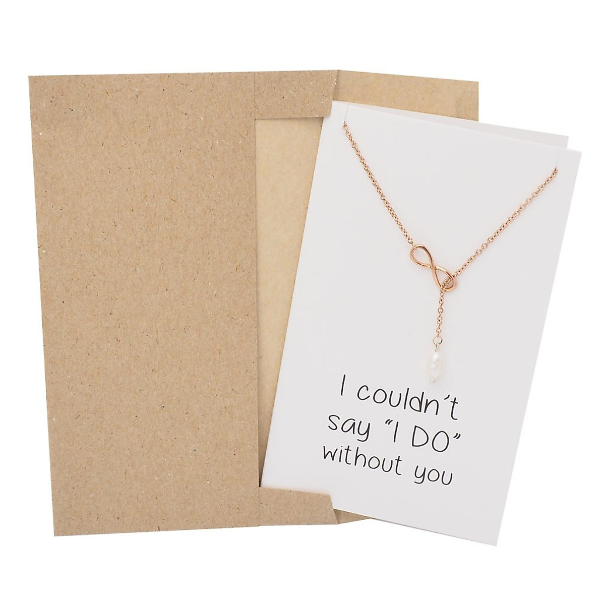 Quan Jewelry Handmade Maid of Honor Gift, Infinity and Pearl Lariat Necklaces, Bridesmaids Necklace with Greeting Card, Rose Gold Tone