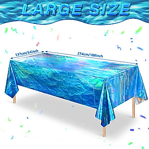 3 Pcs Iridescent Ocean Waves Tablecloths Disposable Plastic Ocean Blue Table Cloth Rectangle Table Covers for Under the Sea Beach Surf Ocean Pool Party Birthday Party Decorations, 54 x 108 Inch