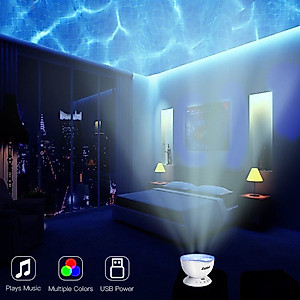 Ocean Wave Night Light Projector, Baby Lullaby Night Light with 7 Relax Light Show Projection, Music Player, Auto-Off Timer for Nap-time for Baby Nursery, Adults and Kids Bedroom, Living Room (White)