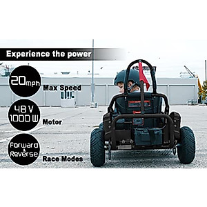 FRP Baja-X 48V 1000W Brushless Electric Go Kart, 3-Speed Setting Go Kart W/Forward & Reverse, Racing Go Cart Up to 20 mph W/Foot Pedal & Foot Break, Go Cart Support Up to 175 Lbs