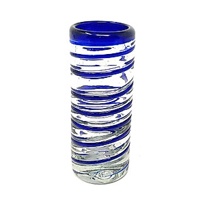 Dos Sueños Hand Blown Mexican Tequila Shot Glasses – Set of 6 Blue Spiral Tequila Shot Glasses (2 oz each) …