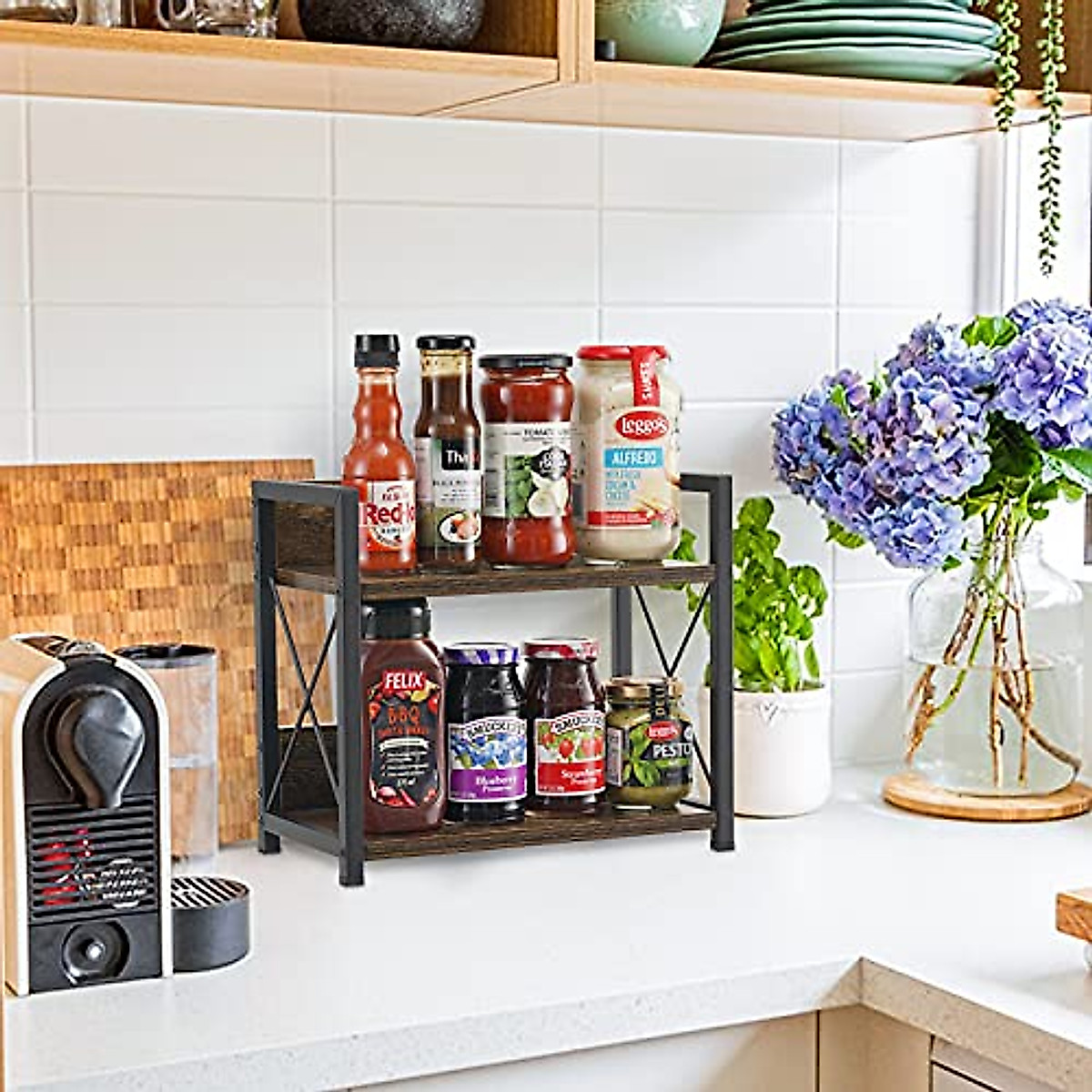 Giikin Countertop Shelf Organizer, 2 Tier Kitchen Spice Rack Organizer, 2 Tier Lazy Susan Organizer, 2 Tier Spice Turntable Organizer(Rustic Brown)