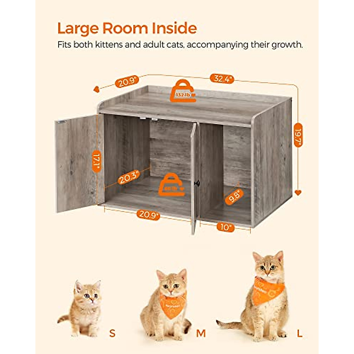 Feandrea Litter Box Enclosure, Cat Litter Box Furniture Hidden, with Front Entry, Modern Cat House for Indoor Cat, Kitty, Side End Table, 32.4 x 20.9 x 19.7 Inches, Greige UPCL001G01