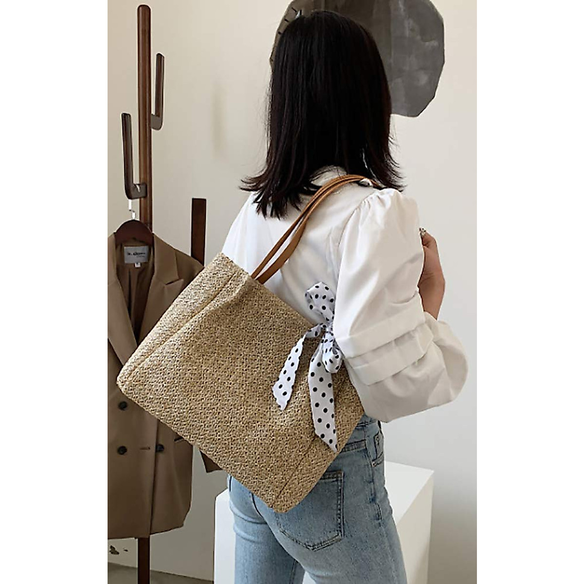 Obosoyo Straw Bags for Women Beach Bags Bowknot Shoulder Bags Straw Purse Summer Woven Bags