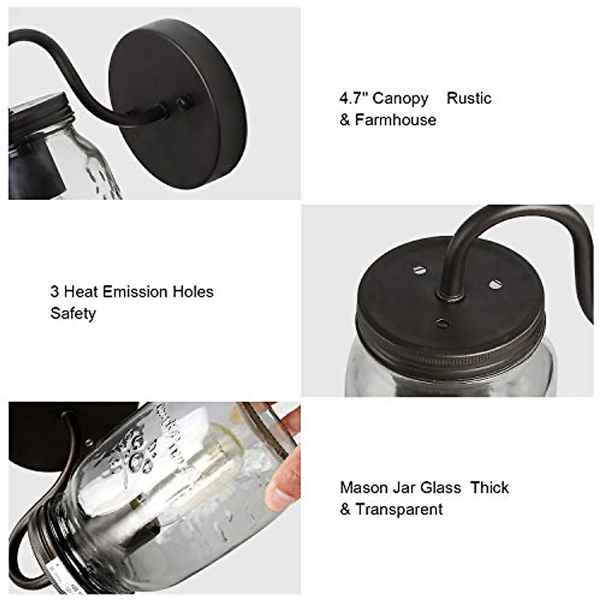 LNC Wall Sconce Mason Jar Lights Farmhouse and Rustic with Oil Rubbed Bronze for Hallway Bathroom, (7.1”L×4.7”W×8.7”H), A02979
