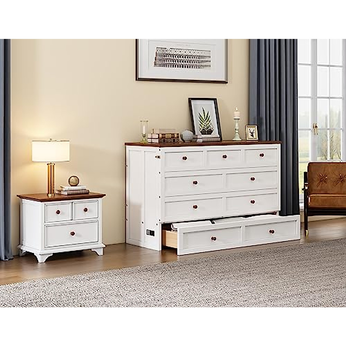 JIVOIT Wooden 2 Pieces Bedroom Set, Full Size Murphy Bed with Two-Drawer Nightstand, Murphy Bed Chest with Charging Station and Large Storage Drawer for Home Office or Small Room