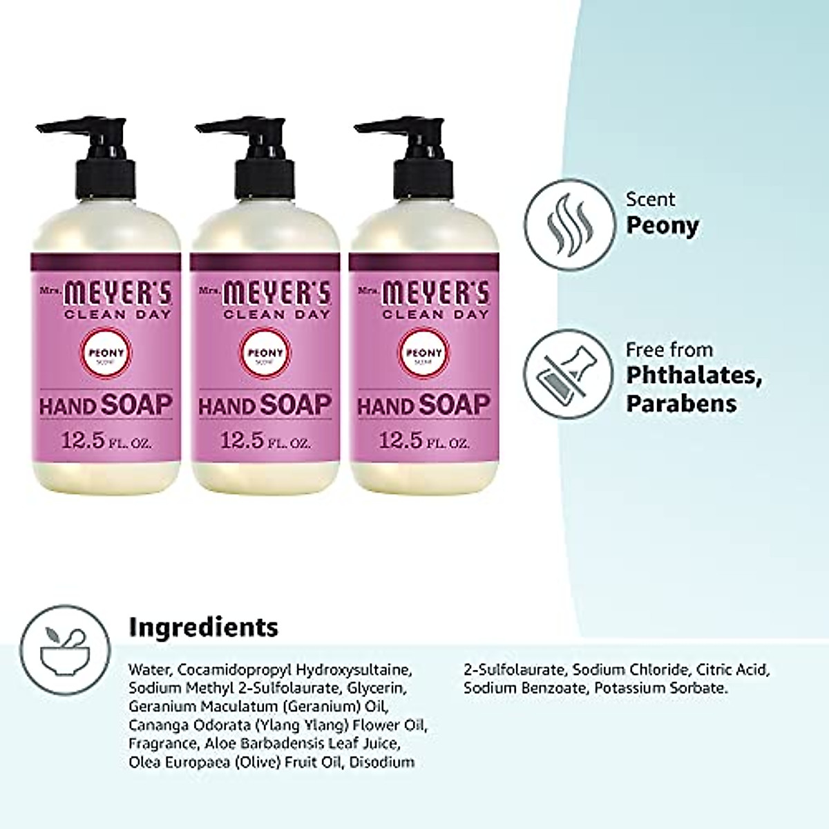 MRS. MEYER'S CLEAN DAY Hand Soap, Made with Essential Oils, Biodegradable Formula, Peony, 12.5 fl. oz - Pack of 3