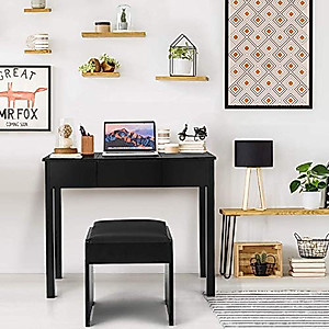 Vanity Table with Flip Top Mirror, Solid Wood Makeup Dressing Table , Writing Desk with Cushioned Stool Set, 2 Drawers for Different Sized Makeup Accessories, Bedroom Bathroom Organizers (Black)