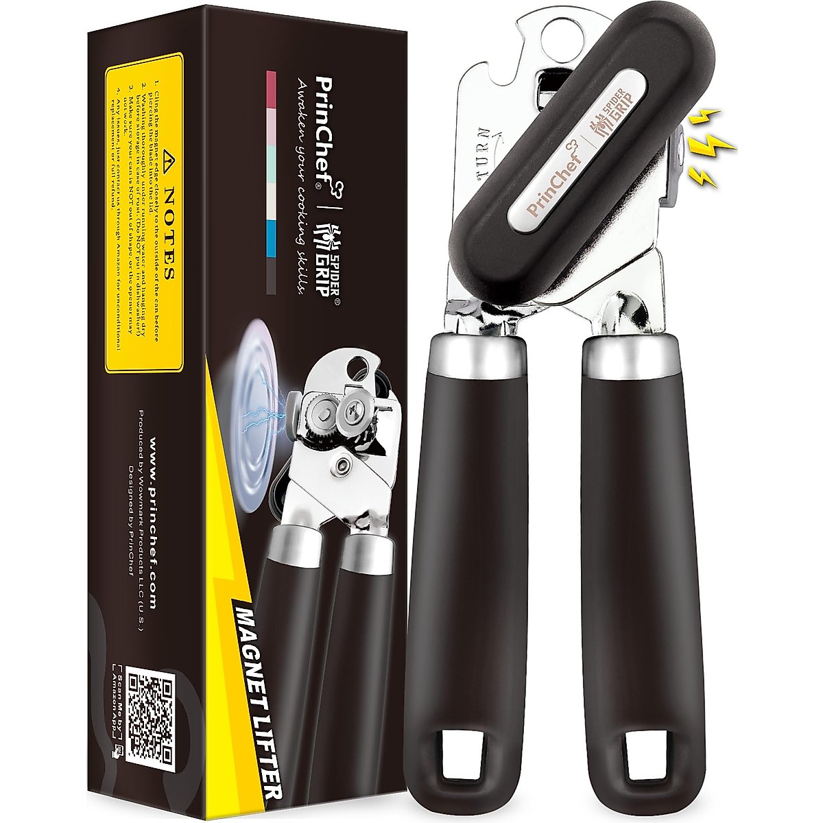 [Smoother Cut] PrinChef Manual Can Opener with Magnet, Improved Handle for More Comfortable Grip, Handheld Can Openers for Seniors, Heavy Duty Can Opener Smooth Edge, Bottle Opener Easy to Use, Black