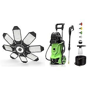 POLARPRA Led Garage Light - 20000LM Super Bright 6500K Garage Lights Ceiling Led w/ 8 Adjustable Panels and Electric Power Washer - 3000 PSI 2.6 GPM Pressure Washers with Foam Cannon