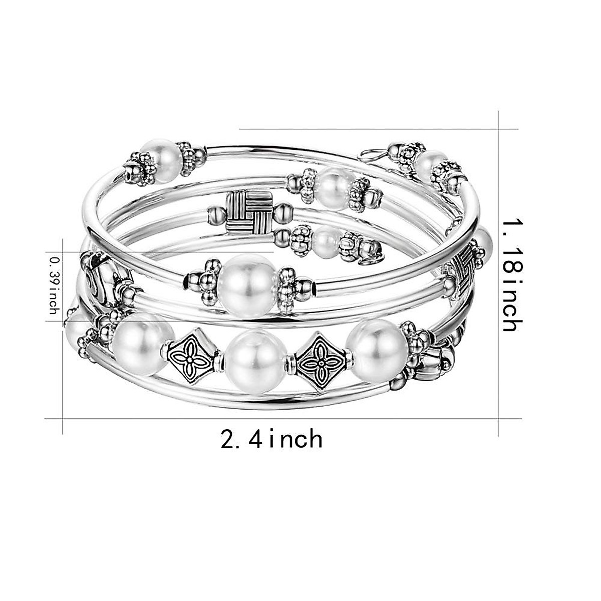 Beaded Pearl Bangle Wrap Bracelet - Fashion Bohemian Jewelry Multilayer Charm Bracelet with Thick Silver Metal Beads, Gift For Women (White)