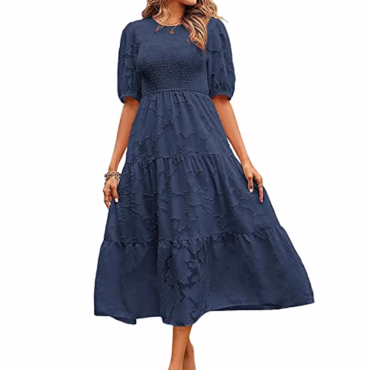 BBIQI Women's Summer Women's Puff Sleeve Crewneck Flowy Midi Dress Pink Dresses Stereoscopic Ruffle Floral Dresses Graduation Dress