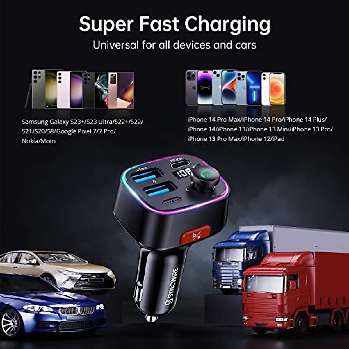Syncwire Bluetooth 5.3 FM Transmitter Car Adapter 48W (PD 36W & 12W) [Light Switch] [HiFi Bass Sound] [Fast Charging] Wireless Radio Music Adapter LED Display Hands-Free Calling Support USB Drive
