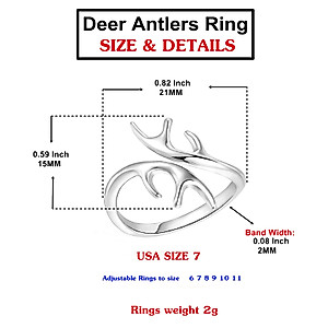 YKYLHSYXR Women's Elk Deer Antlers Ring - Country Forest Hunting Ring, Personality Cowgirl Ring Jewelry Birthday Christmas Gift, Adjustable Ring Size to 6 7 8 9 10 11. (Silver)