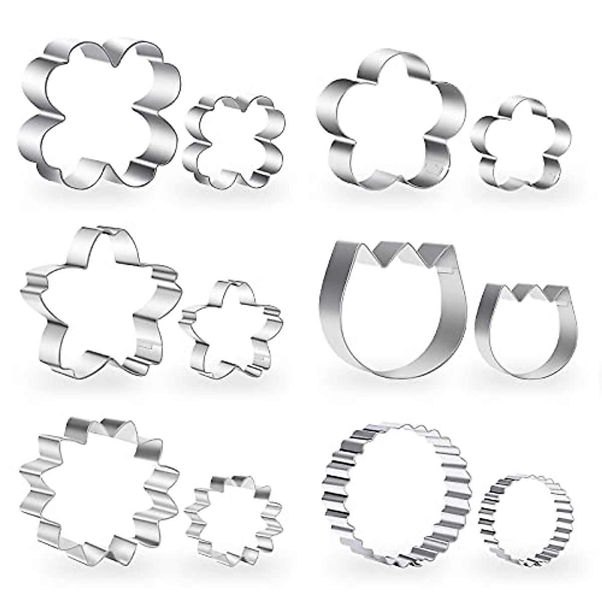Flowers Cookie Cutter Set -12 Pieces - Plum Blossoms, Clover, Tulip, Cherry Blossoms, Sawtooth Circle, Sunflower Biscuit Fondant Cutters Stainless Steel